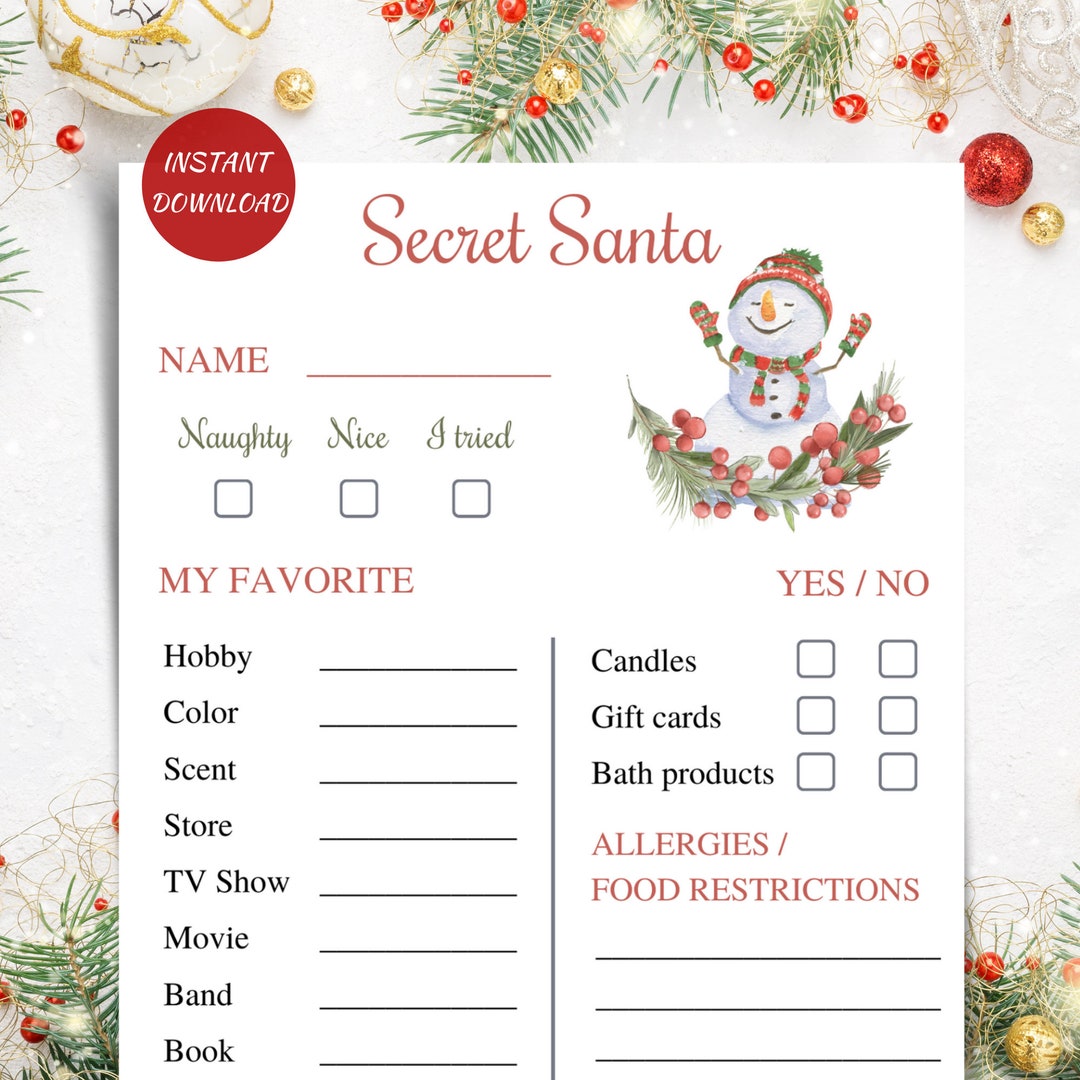 Printable Secret Santa Questionnaire: Gift Info Card DOWNLOAD - Etsy