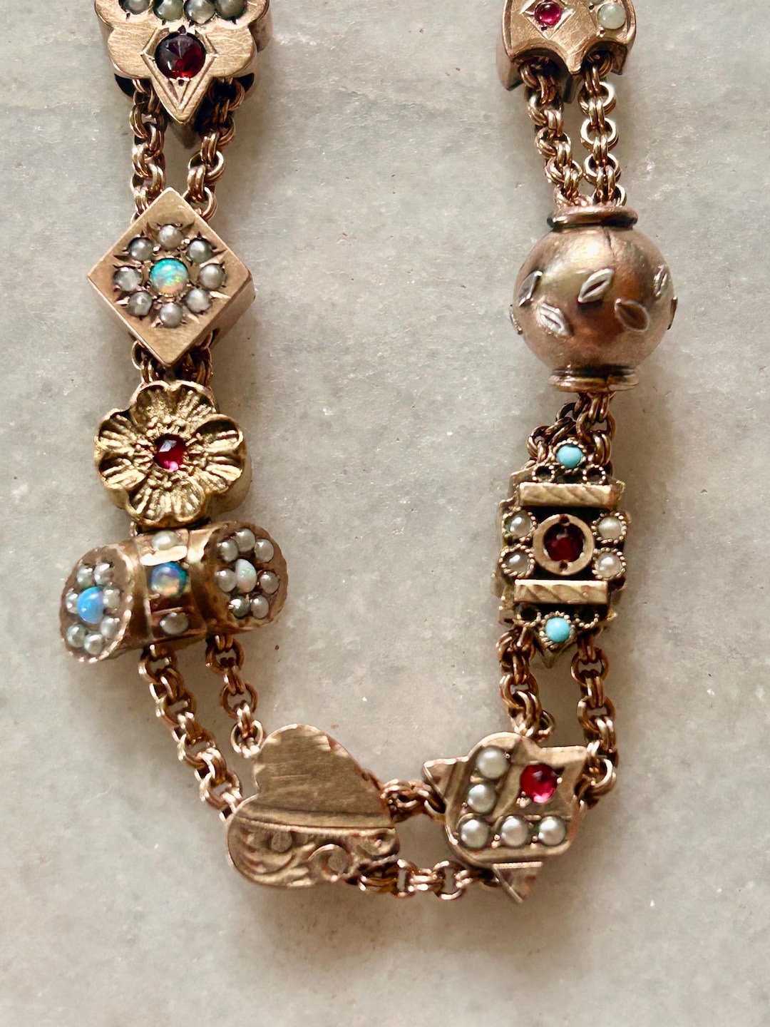 Victorian Gold Filled Slide Charm Bracelet With Gemstones and Unique ...