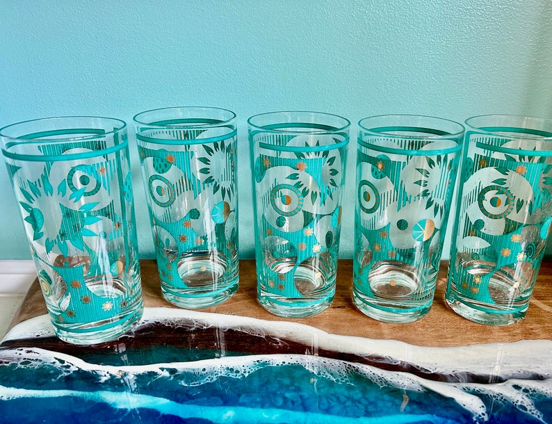 FREE SHIP Set of 8 Fred Press Glasses in Aqua Blue Gold Starburst ...