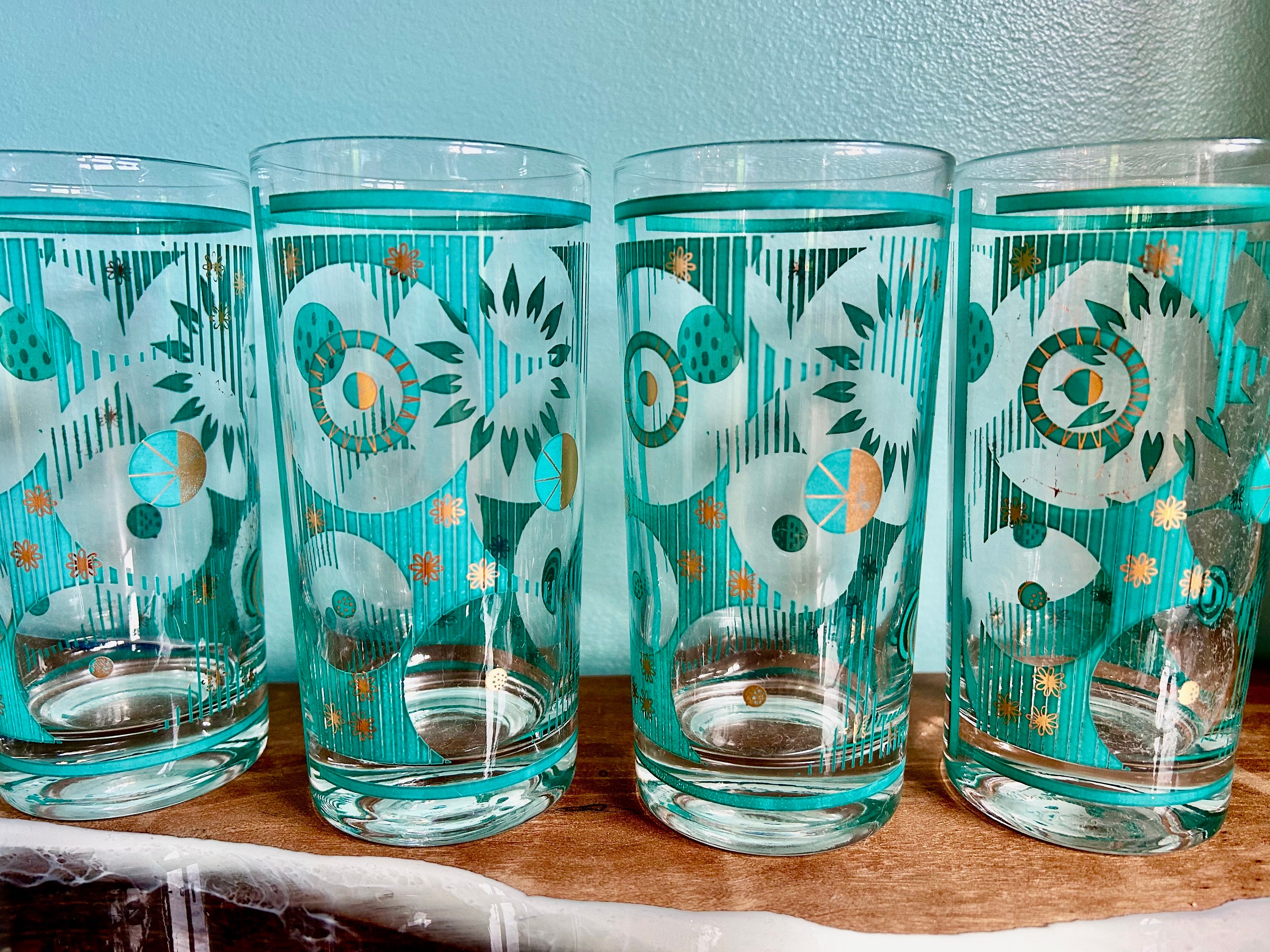 FREE SHIP Set of 8 Fred Press Glasses in Aqua Blue Gold Starburst ...