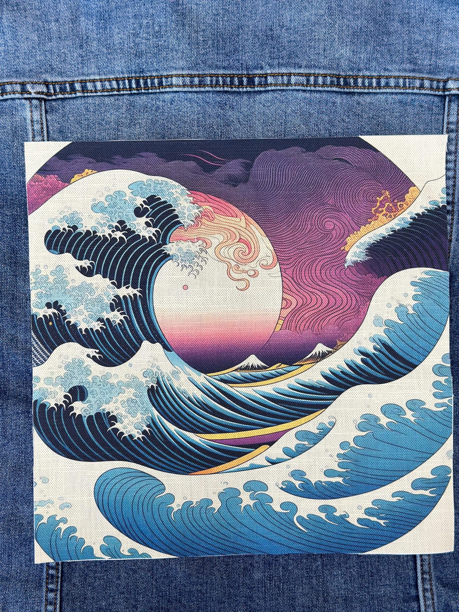 Japanese Wave Peek-a-boo Patch | Sunset Ocean Iron-on Patch for Jeans | Hokusai Inspired Denim ...