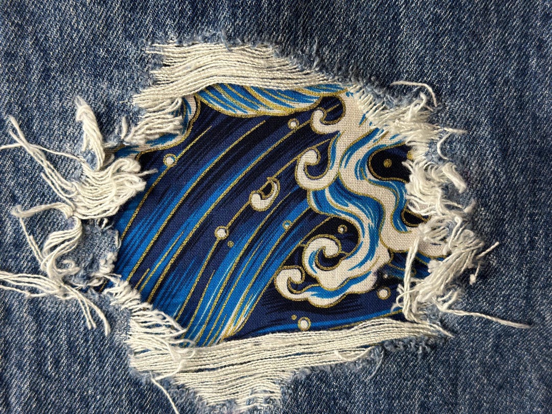 Tsunami Patch Japanese Style Iron on Fabric Patches for Denim Holes Peek a Boo Patch Knee ...