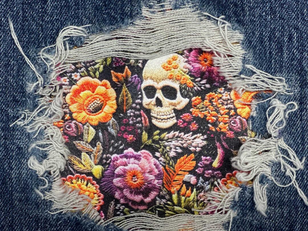 Skull and Flowers Peek a Boo Patches Refashioned Jeans Patch Knee ...