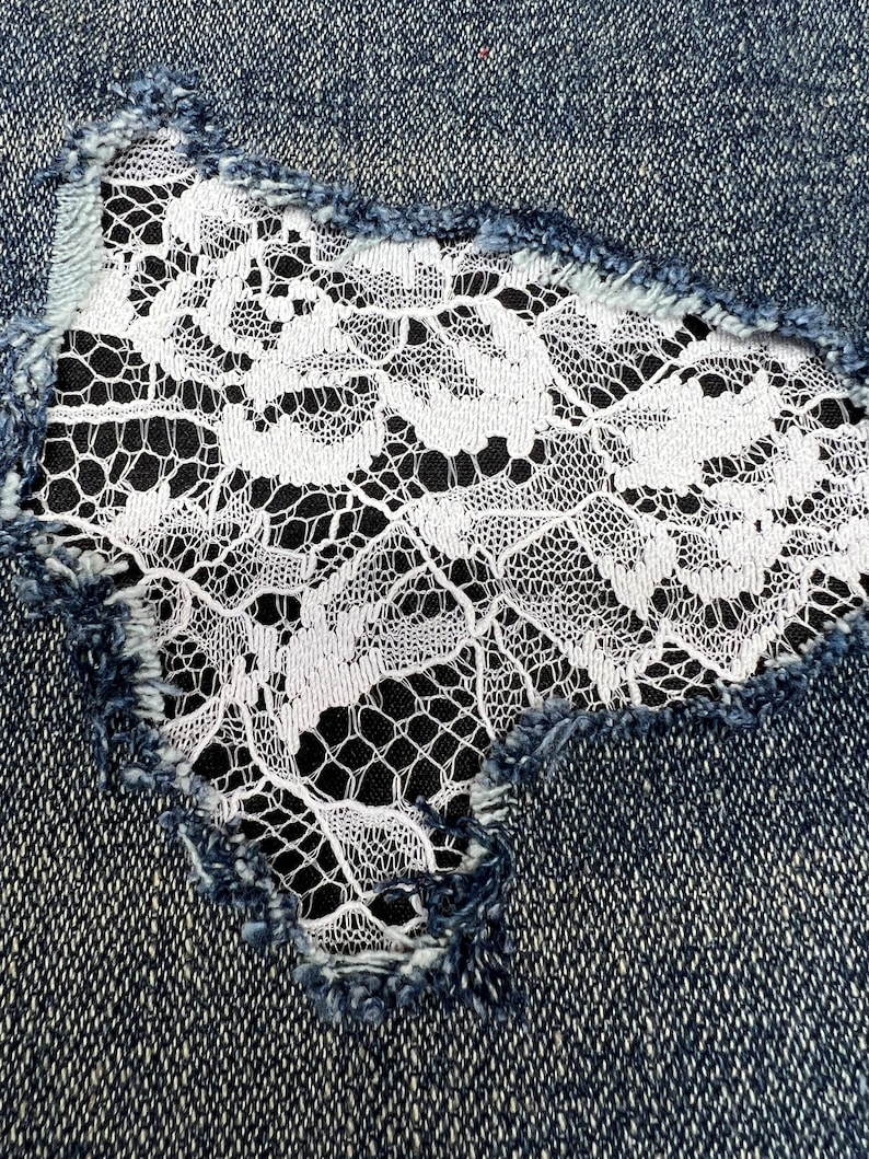 White Lace on Black Background Patches for Denim Holes White Floral ...
