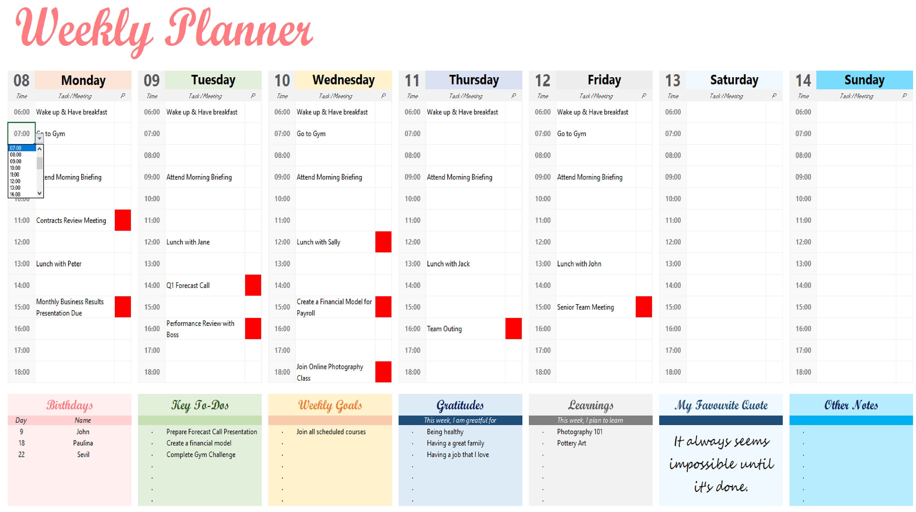 Weekly Planner Task Tracker Excel Spreadsheet Template Day Organizer ...