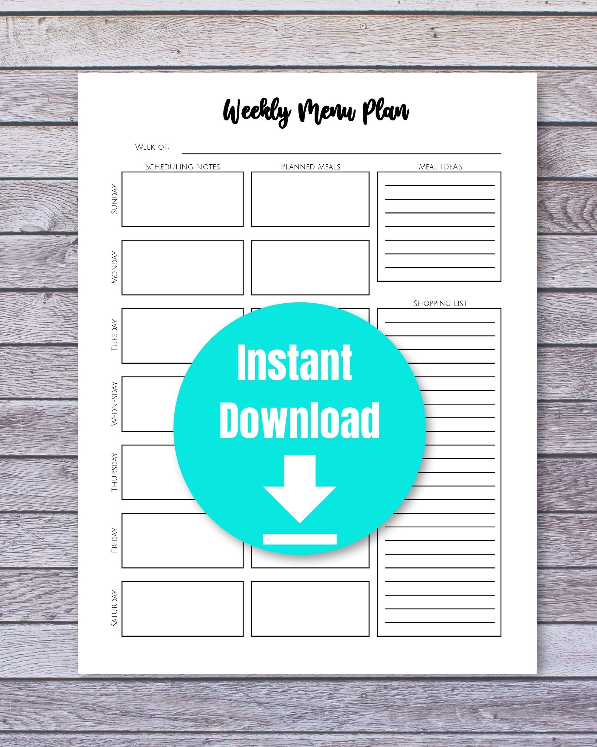 Weekly Menu Plan Printable (sunday Thru Saturday) - Etsy