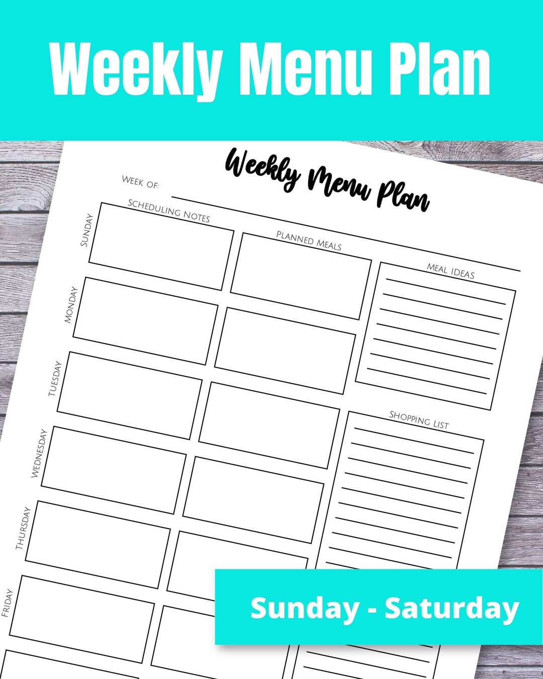 Weekly Menu Plan Printable (sunday Thru Saturday) - Etsy