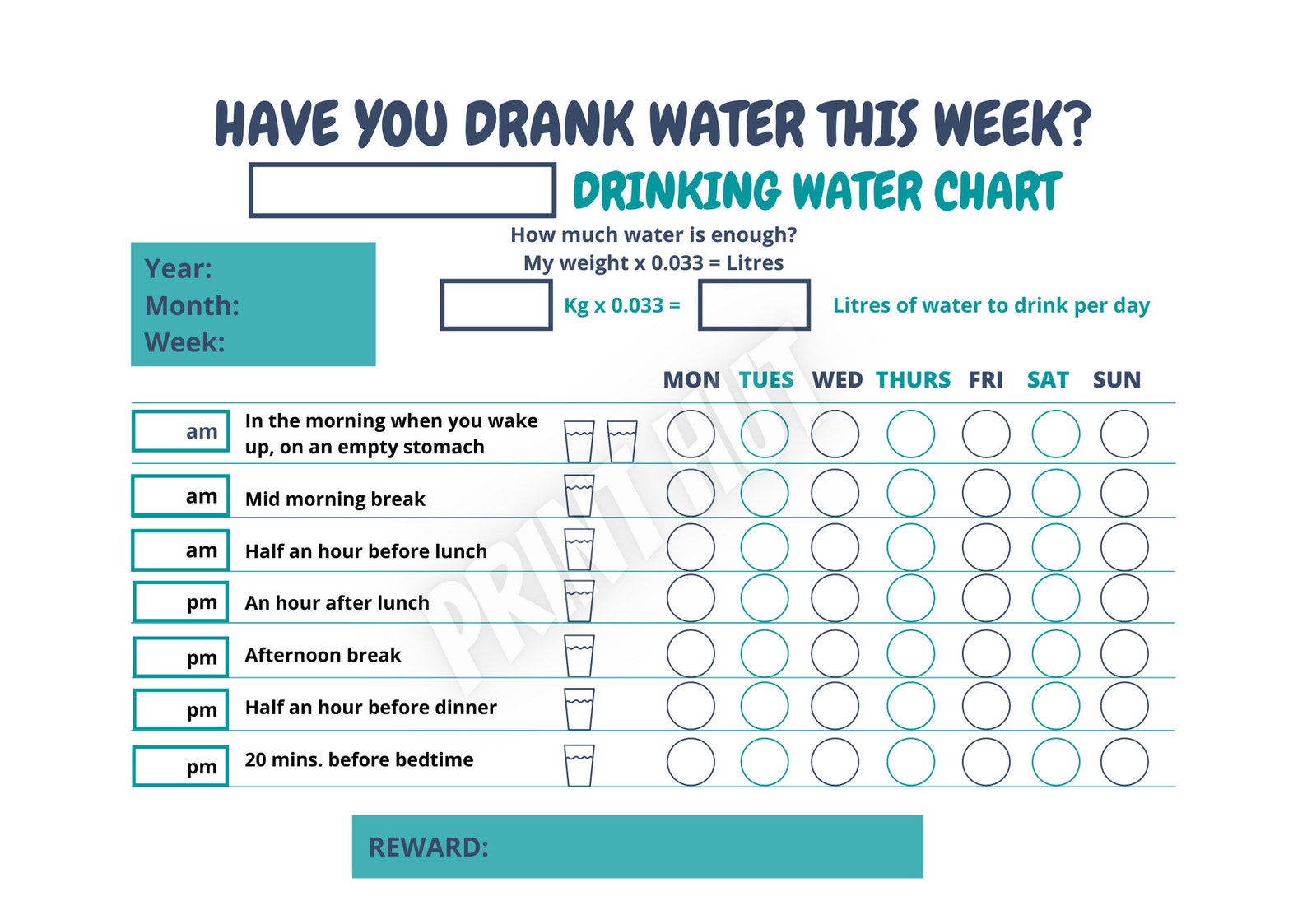 Water drinking chart for kids Reward Chart INSTANTLY | Etsy
