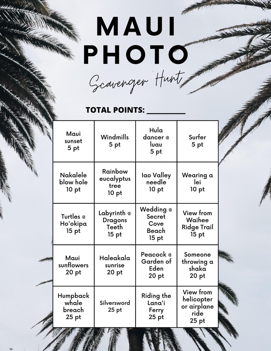 Maui Photo Scavenger Hunt Game PRINTABLE 8.5 X 11 Instant Download ...