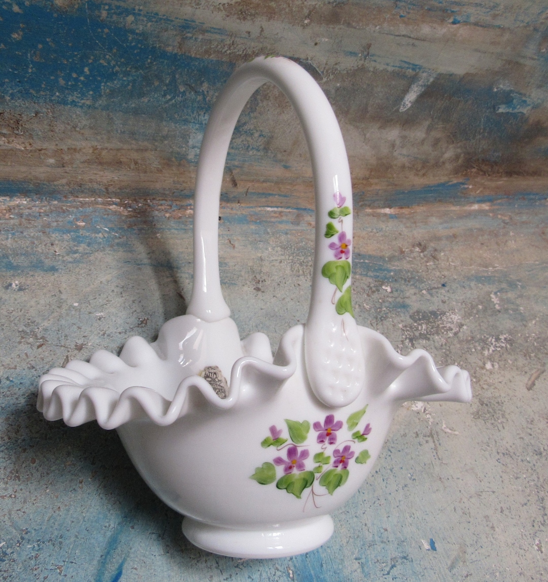 Vintage FENTON Basket Hand Painted Signed Violets - Etsy