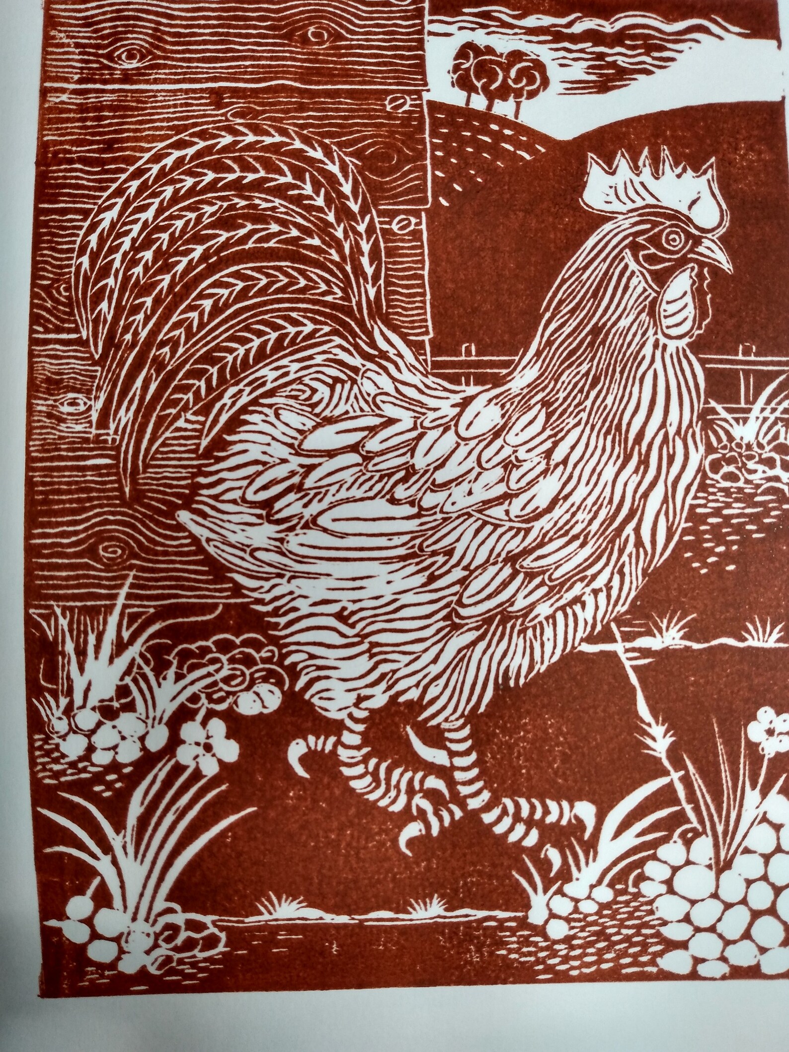 Original Linocut Print of Cockerel/ Rooster Strutting Past the Henhouse ...