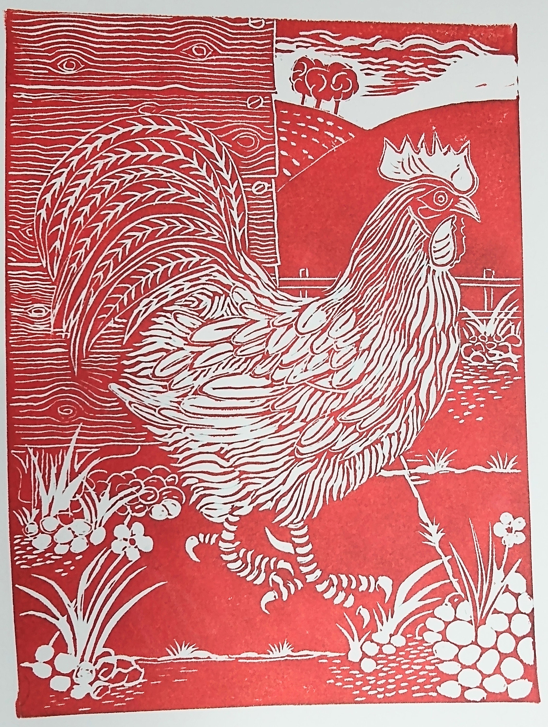 Original Linocut Print of Cockerel/ Rooster Strutting Past the Henhouse ...