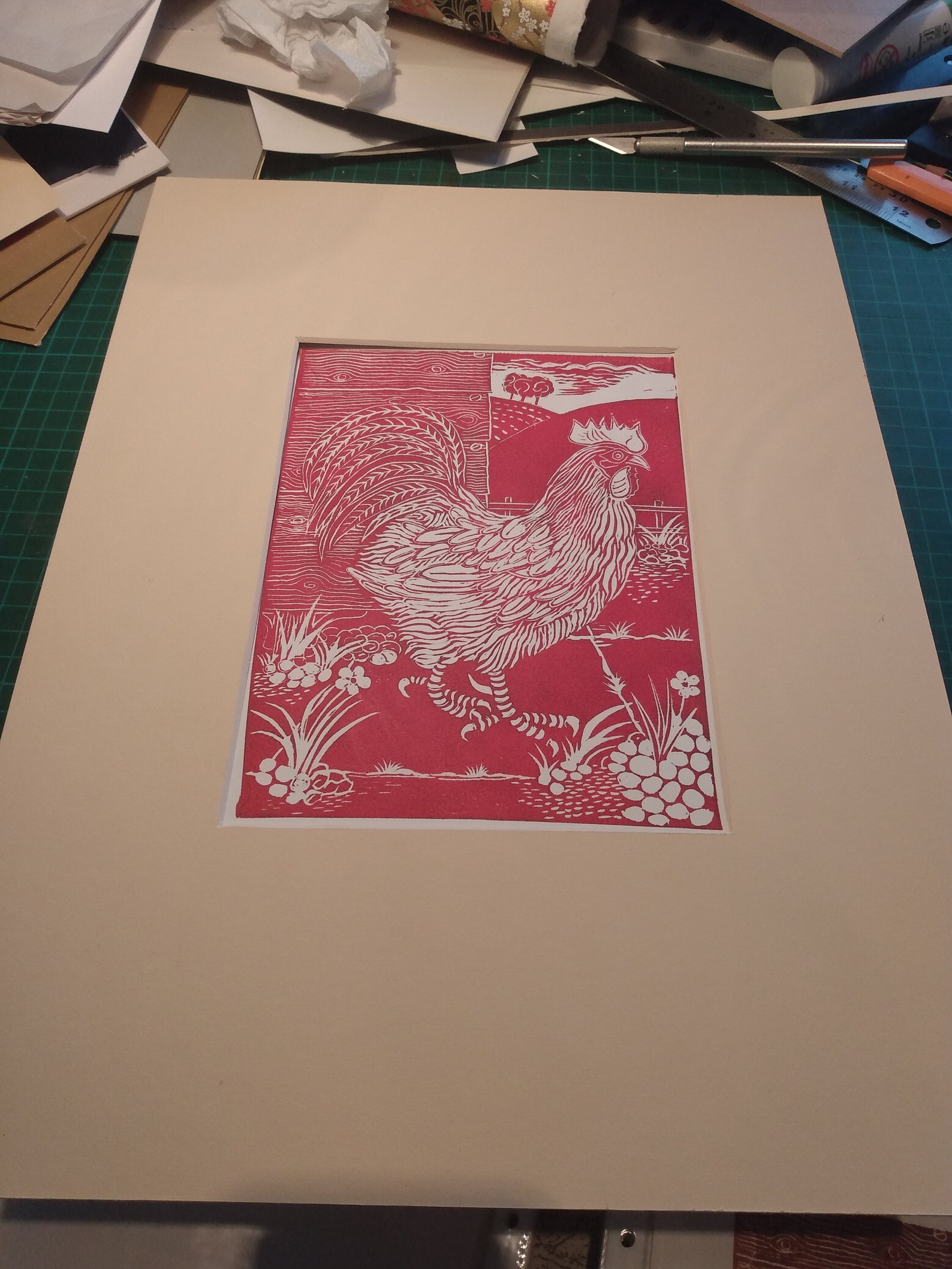 Original Linocut Print of Cockerel/ Rooster Strutting Past the Henhouse ...