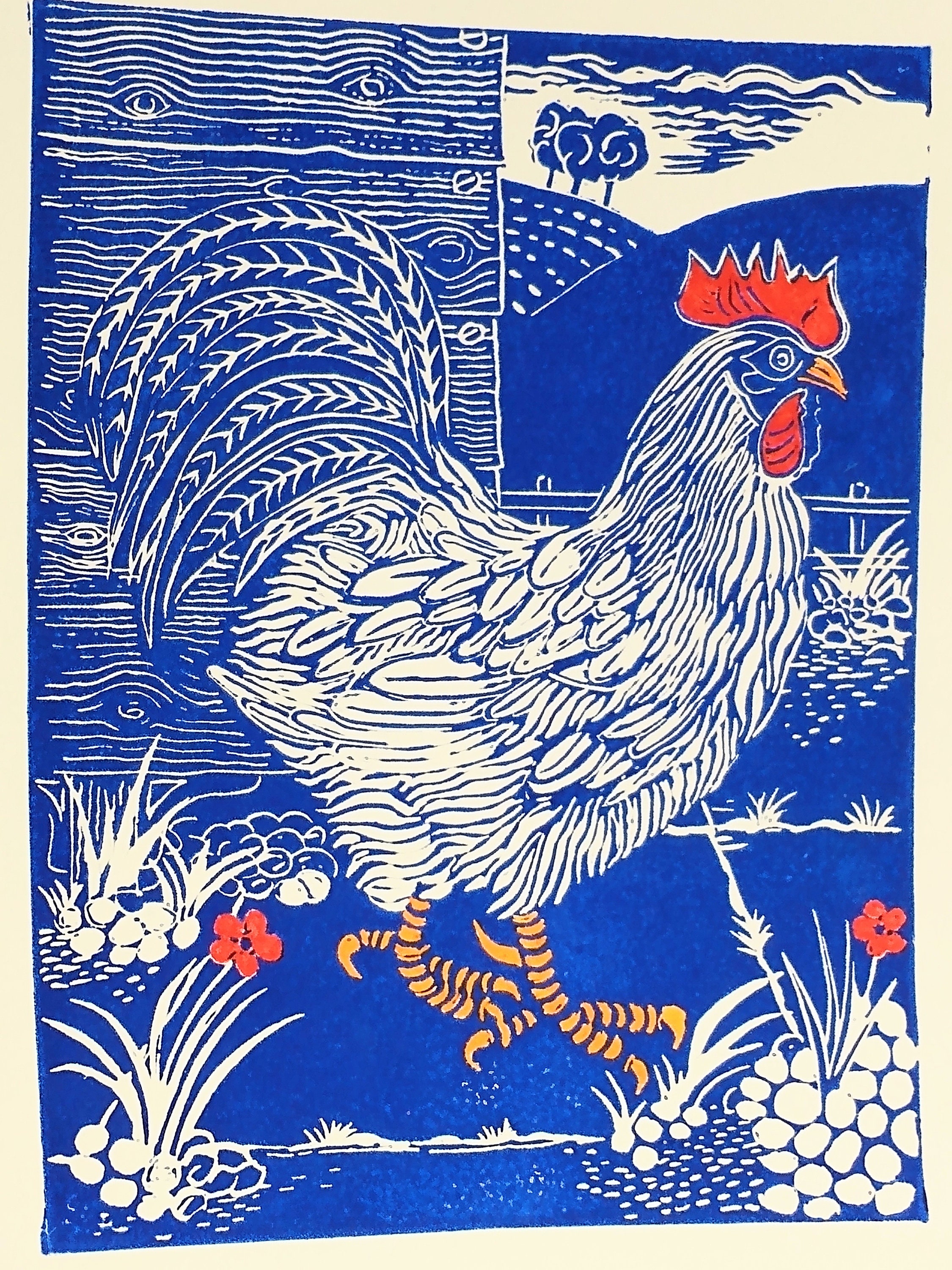 Original Linocut Print of Cockerel/ Rooster Strutting Past the Henhouse ...