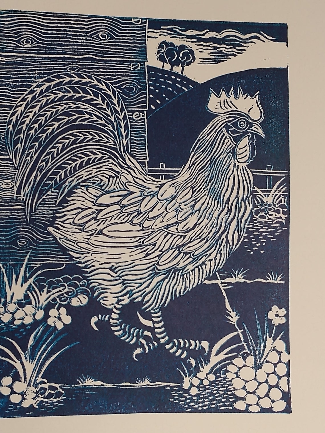 Original Linocut Print of Cockerel/ Rooster Strutting Past the Henhouse ...