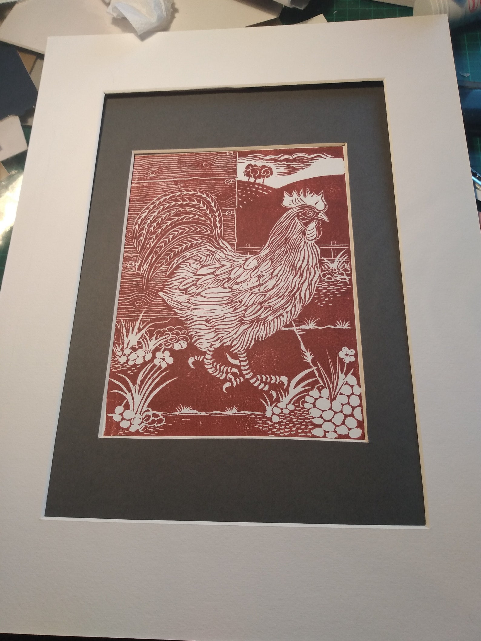 Original Linocut Print of Cockerel/ Rooster Strutting Past the Henhouse ...