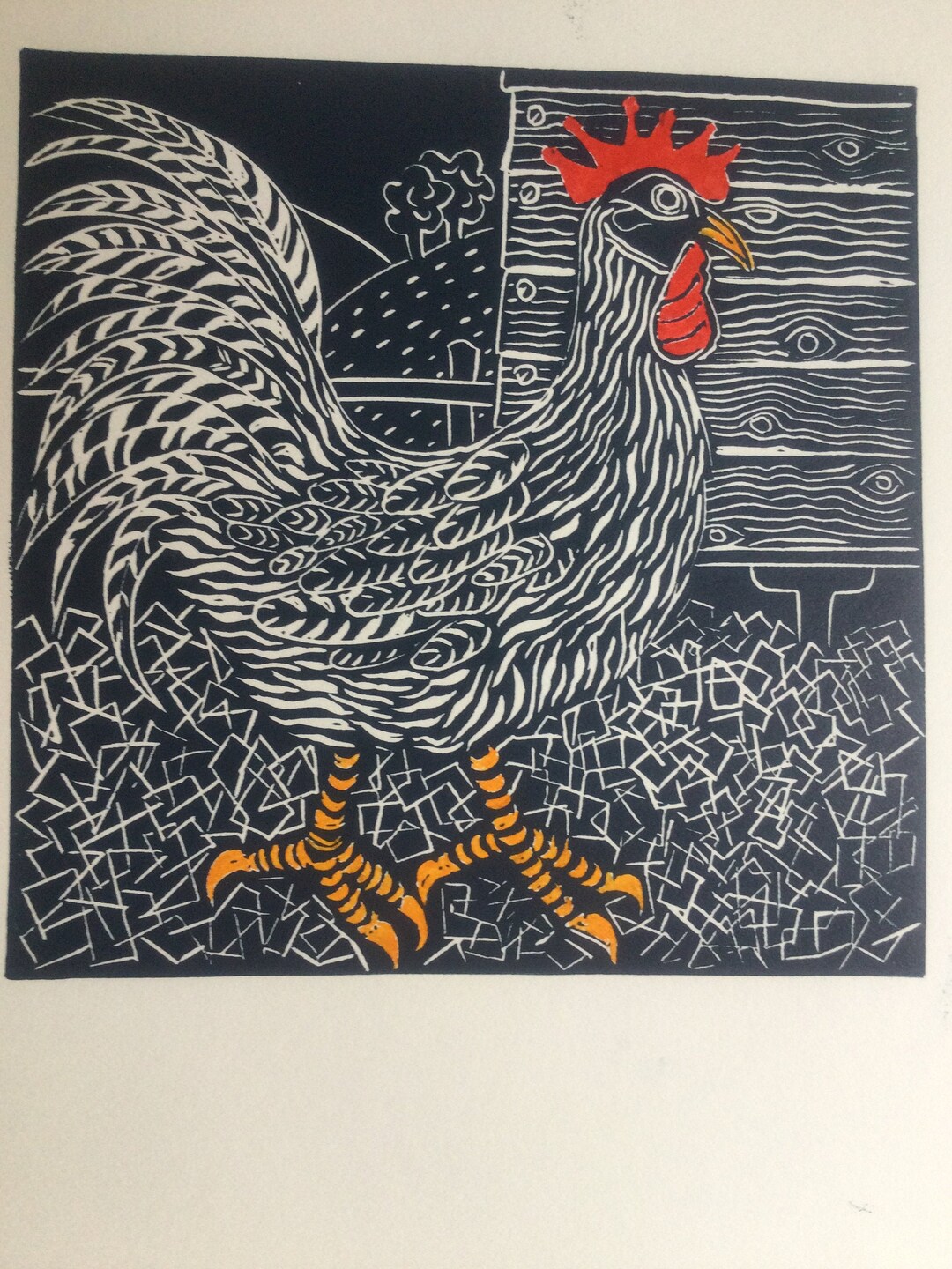 Rooster Chicken Linocut. Hand Printed, Hand Coloured. - Etsy