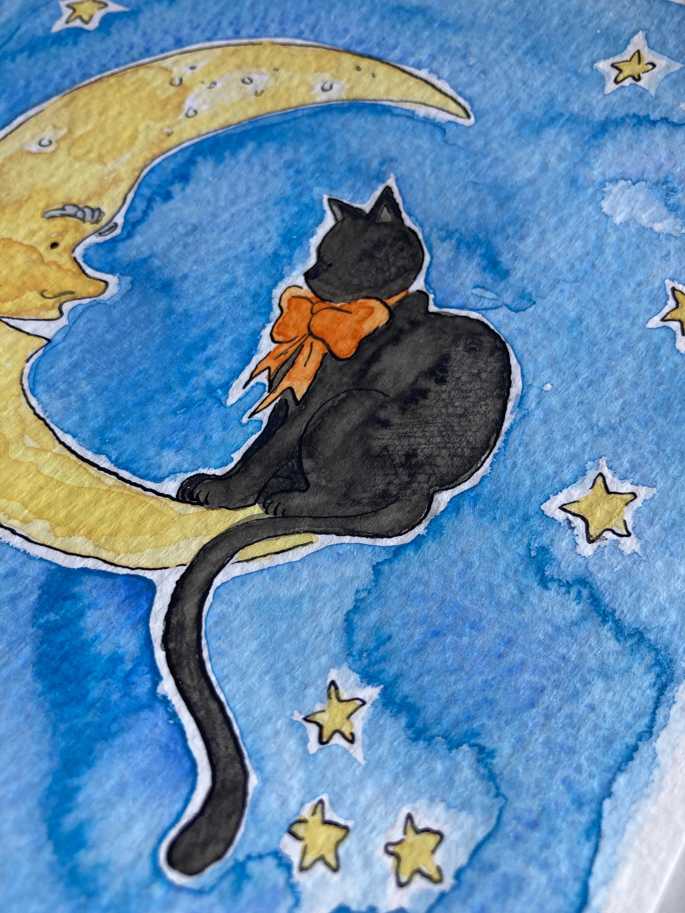 Halloween Spooky Black Cat Crescent Moon Watercolour and Ink Original ...