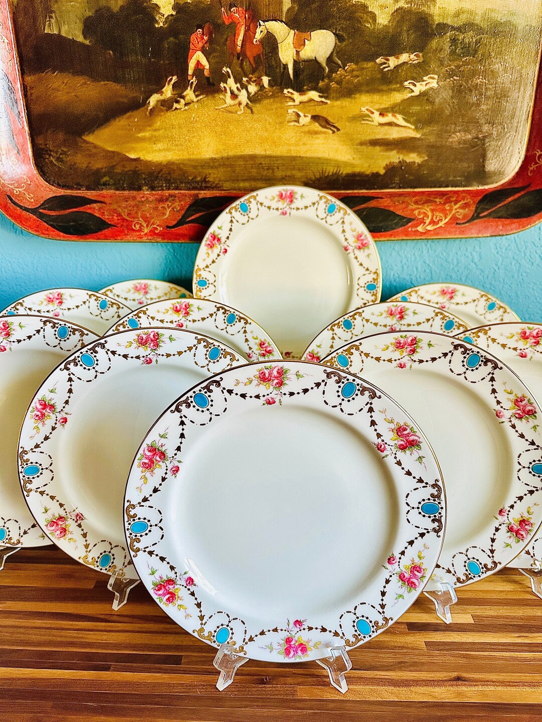 10 Antique Cauldon Ltd Porcelain Dinner Plates, White W/ Tiffany Blue ...