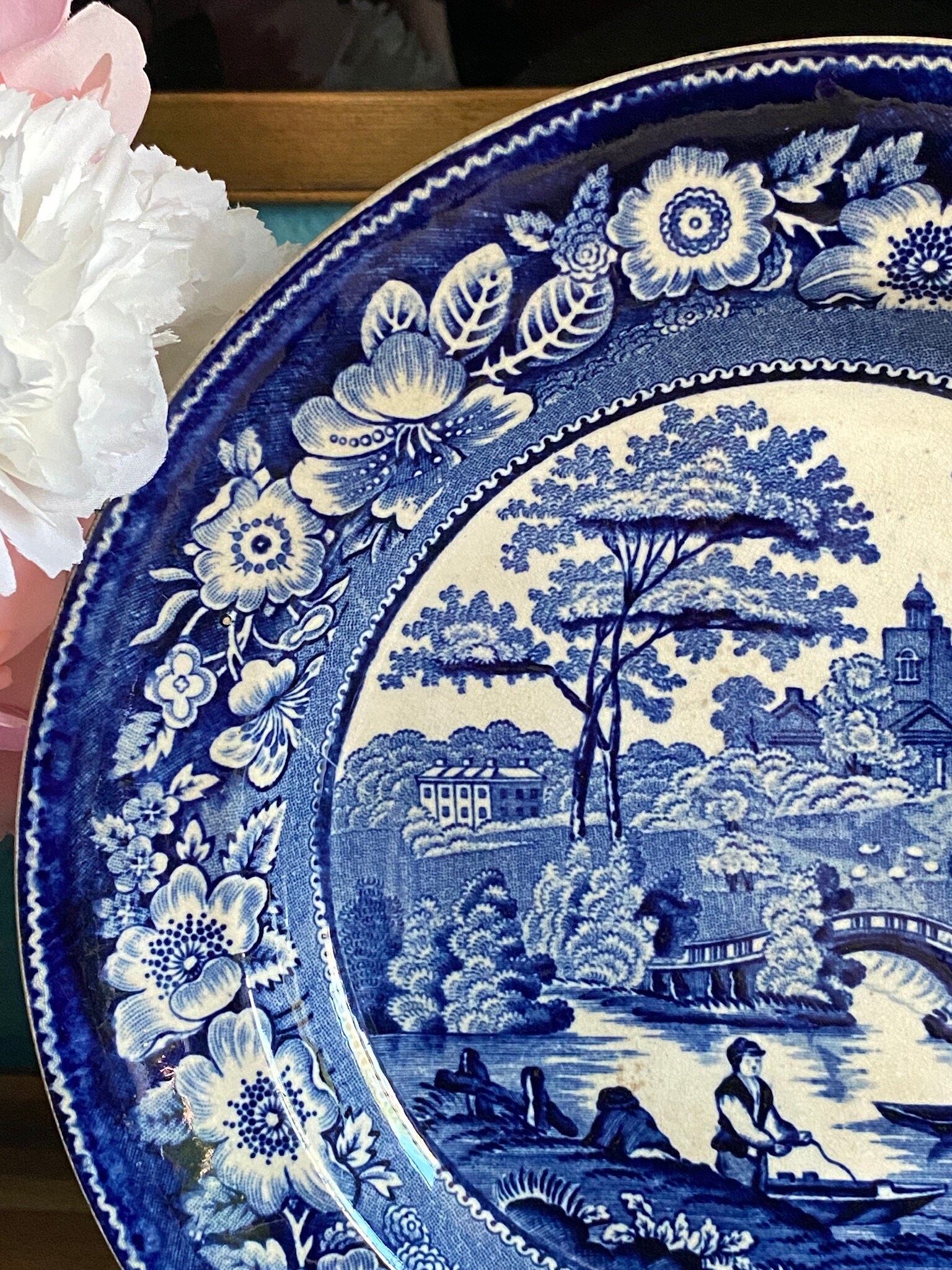 1800's wild Rose Flow Blue, Blue and White Transfer Pottery Plate ...
