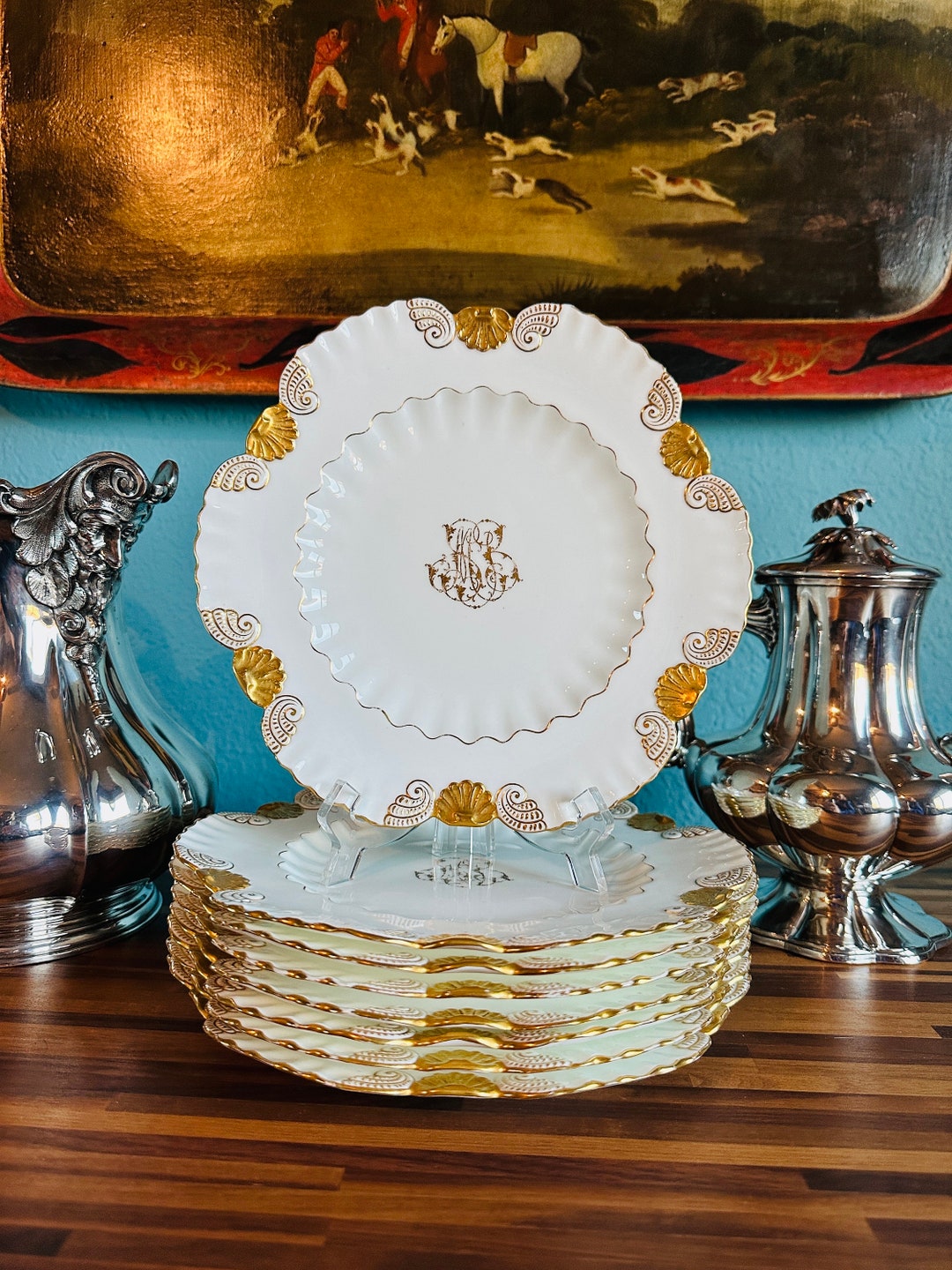 8 Stunning Rare Antique Copeland Clam Shell Ruffled Edge Salad Dinner ...