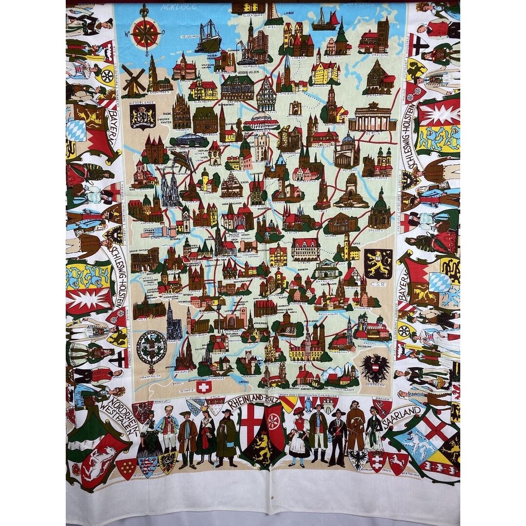 Vintage German Tablecloth Landmarks Costumes Crests History - Etsy