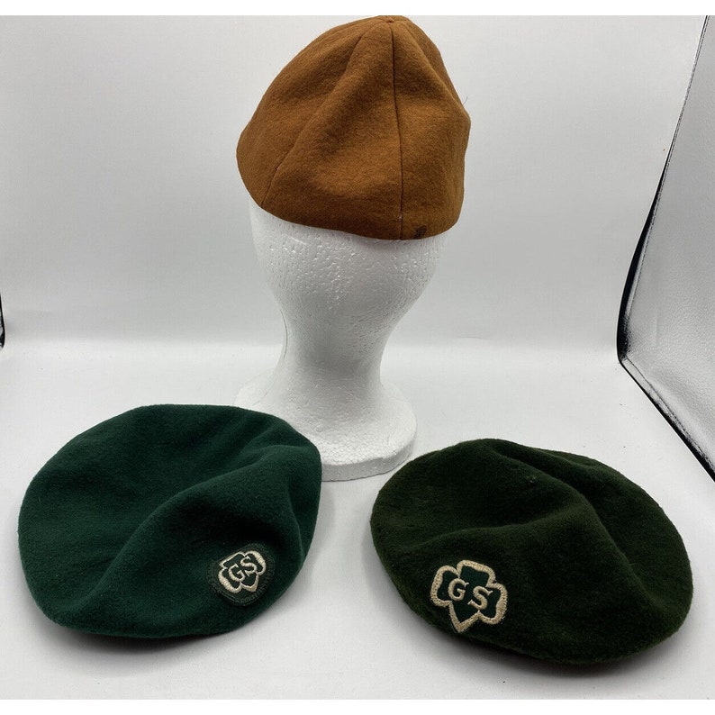 Vintage Green Girl Scouts & Brown Brownie Beanie Beret Caps Hats Set of ...