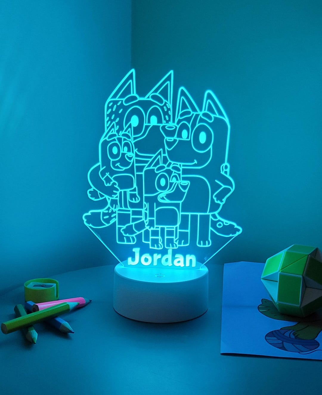 Personalised Bluey Family LED Night Light: Remote Controlled Engraved ...