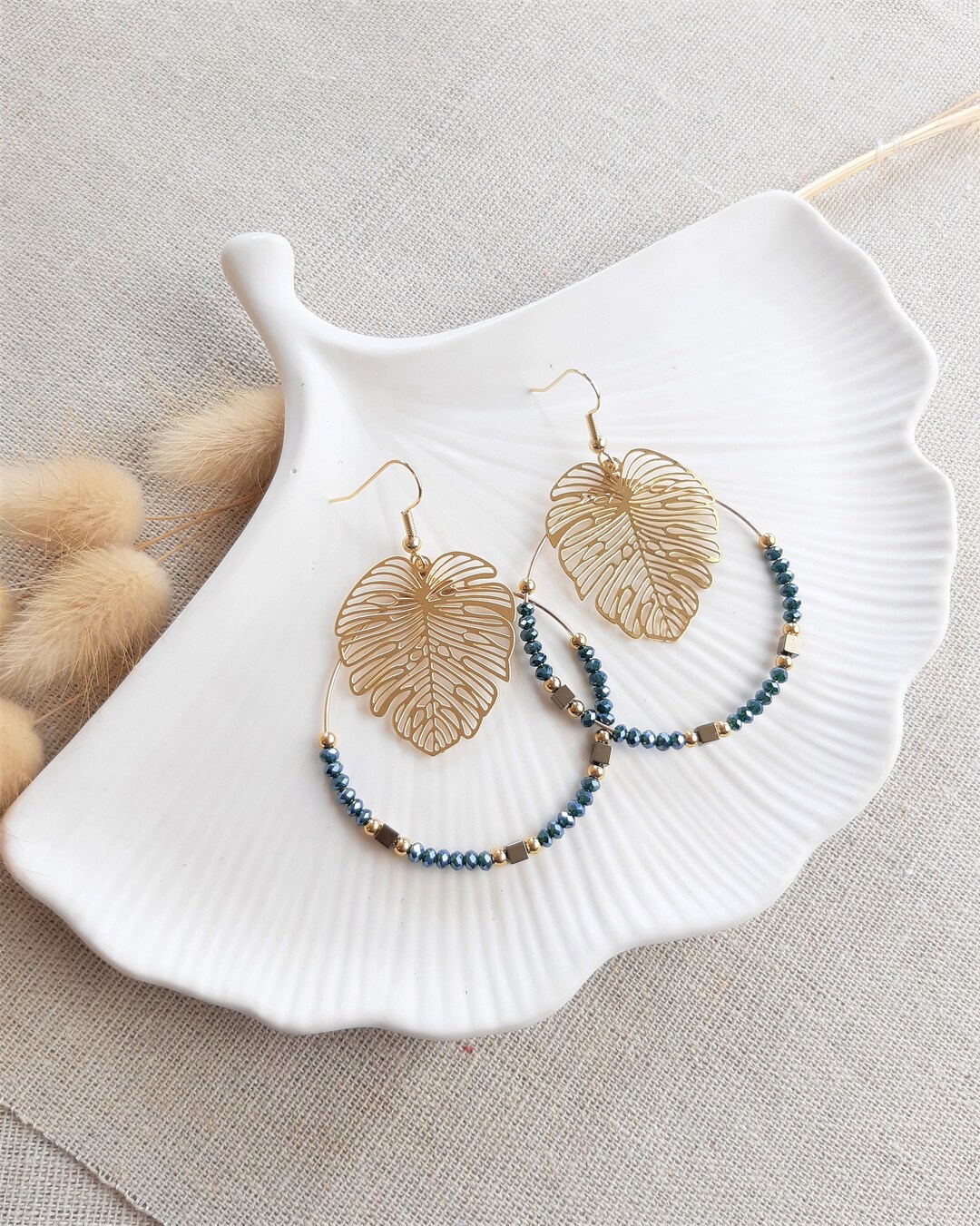 ALISSA Hoop Earrings in Faceted Glass Beads and Monstera Leaf Print in ...