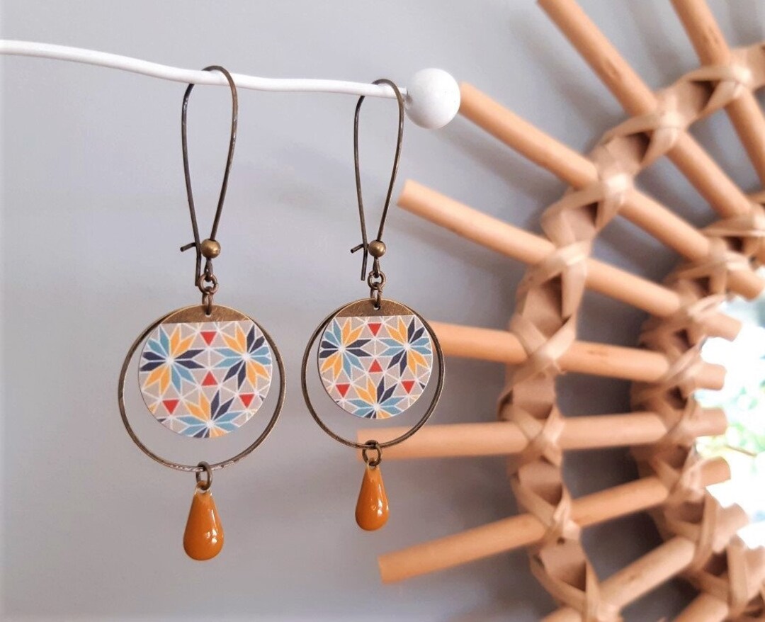 LENA Earrings in Japanese Paper and Mustard Yellow Enameled Sequin - Etsy