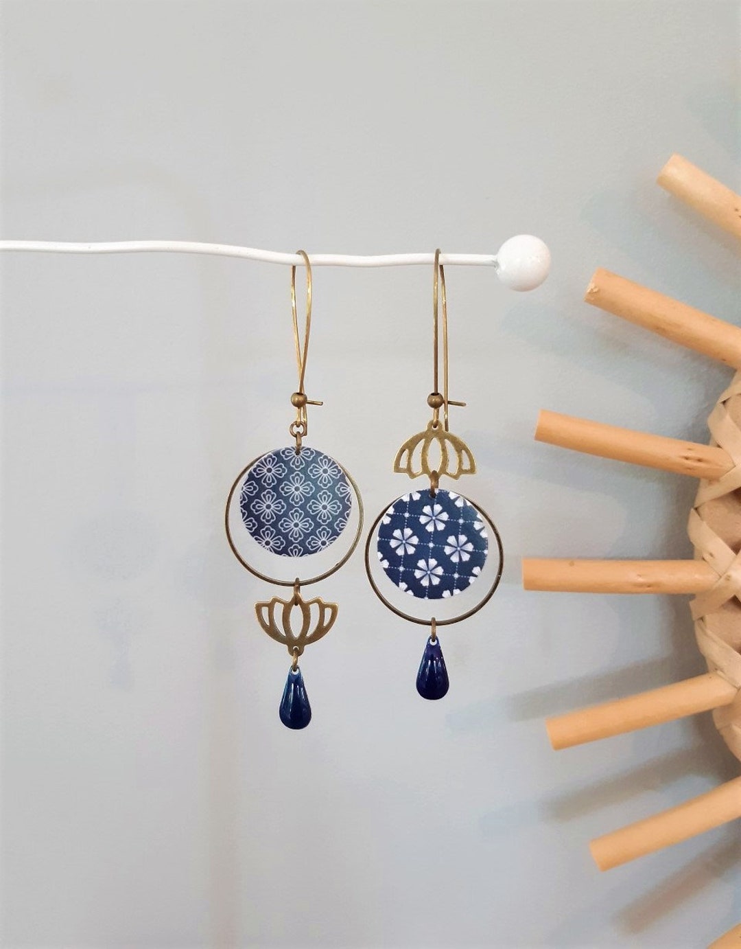 DEBBY Asymmetrical Earrings, Japanese Paper and Midnight Blue Enamel ...