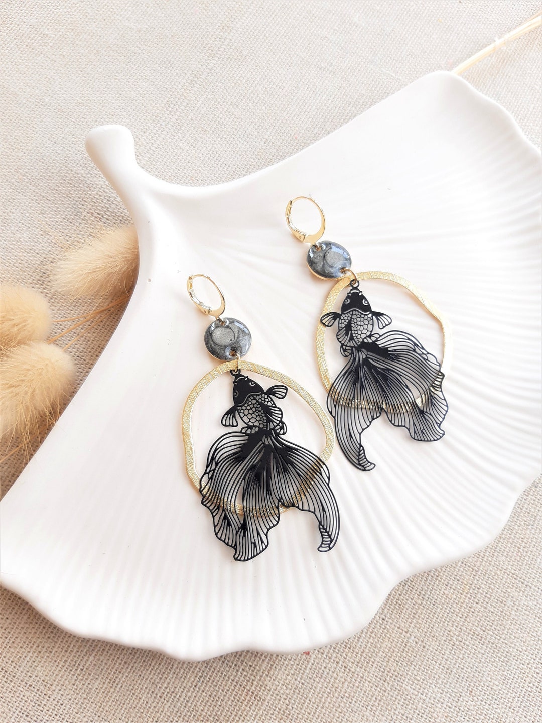 TOKYO Earrings With Black Print and Japanese Fish Motif and Pearly ...