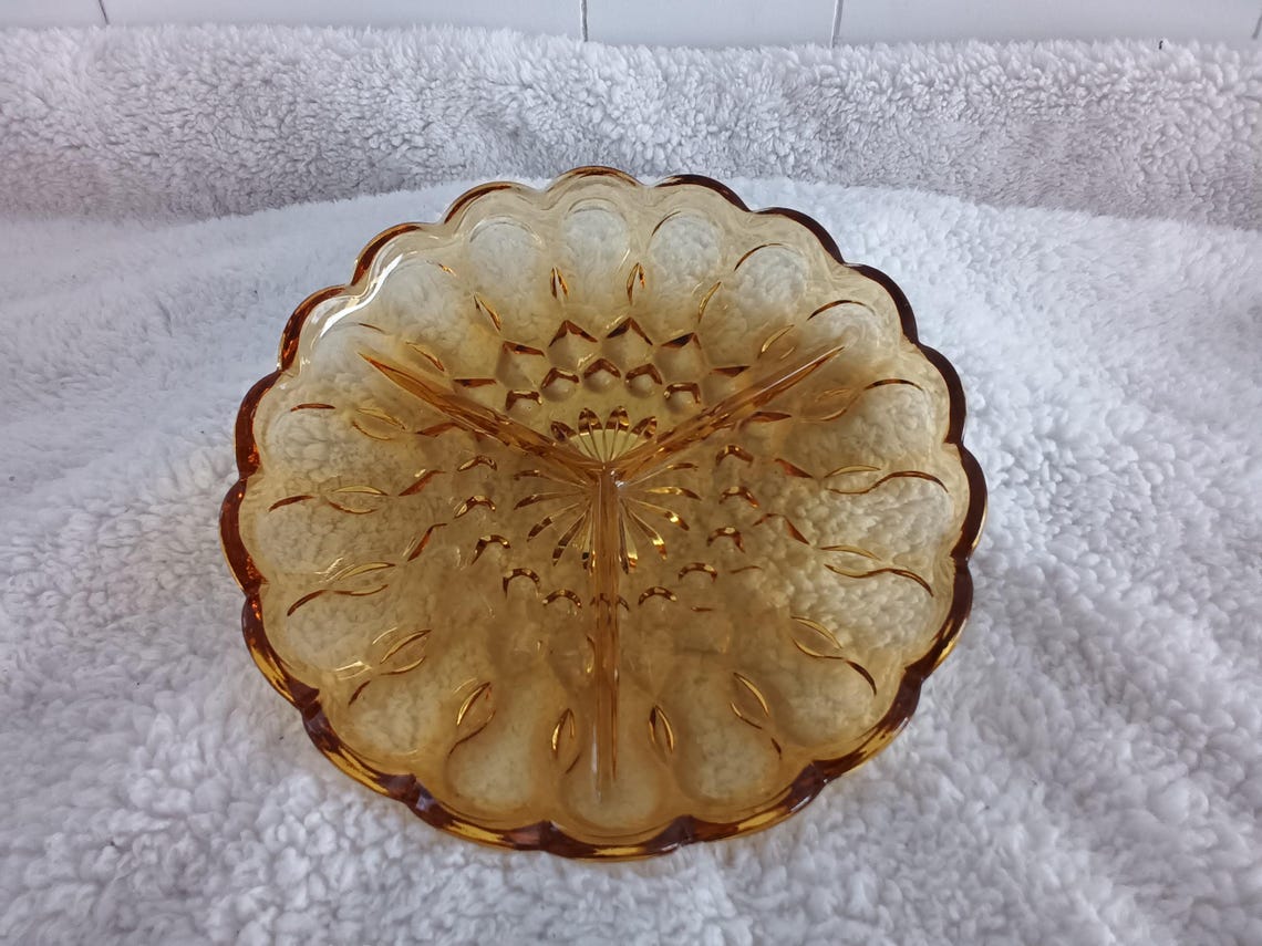 Vintage Anchor Hocking Fairfield Pattern Amber Glass Divided Scalloped ...