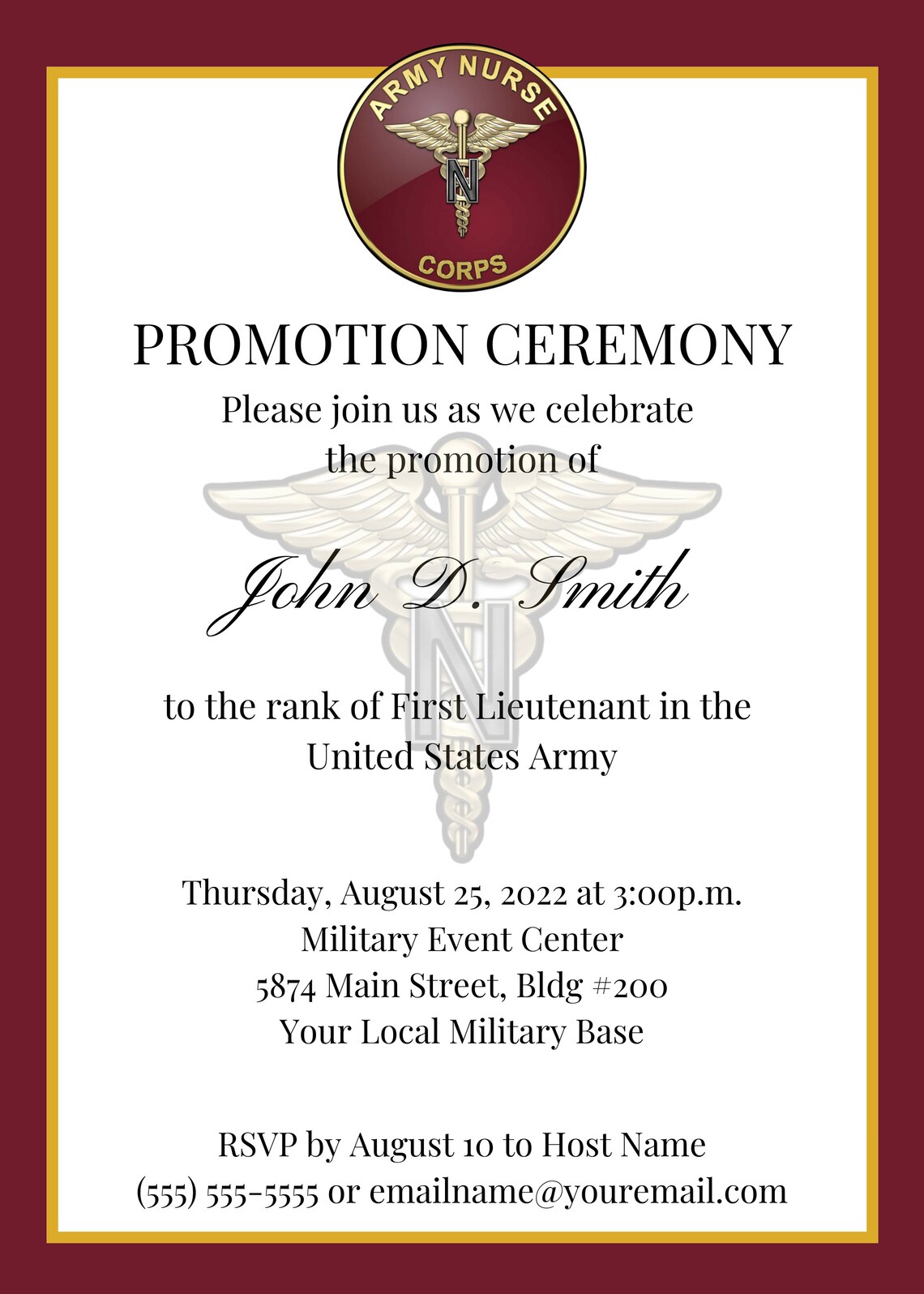 Army Nurse's Corps Digital E-vite, Announcement -promotion, Retirement ...