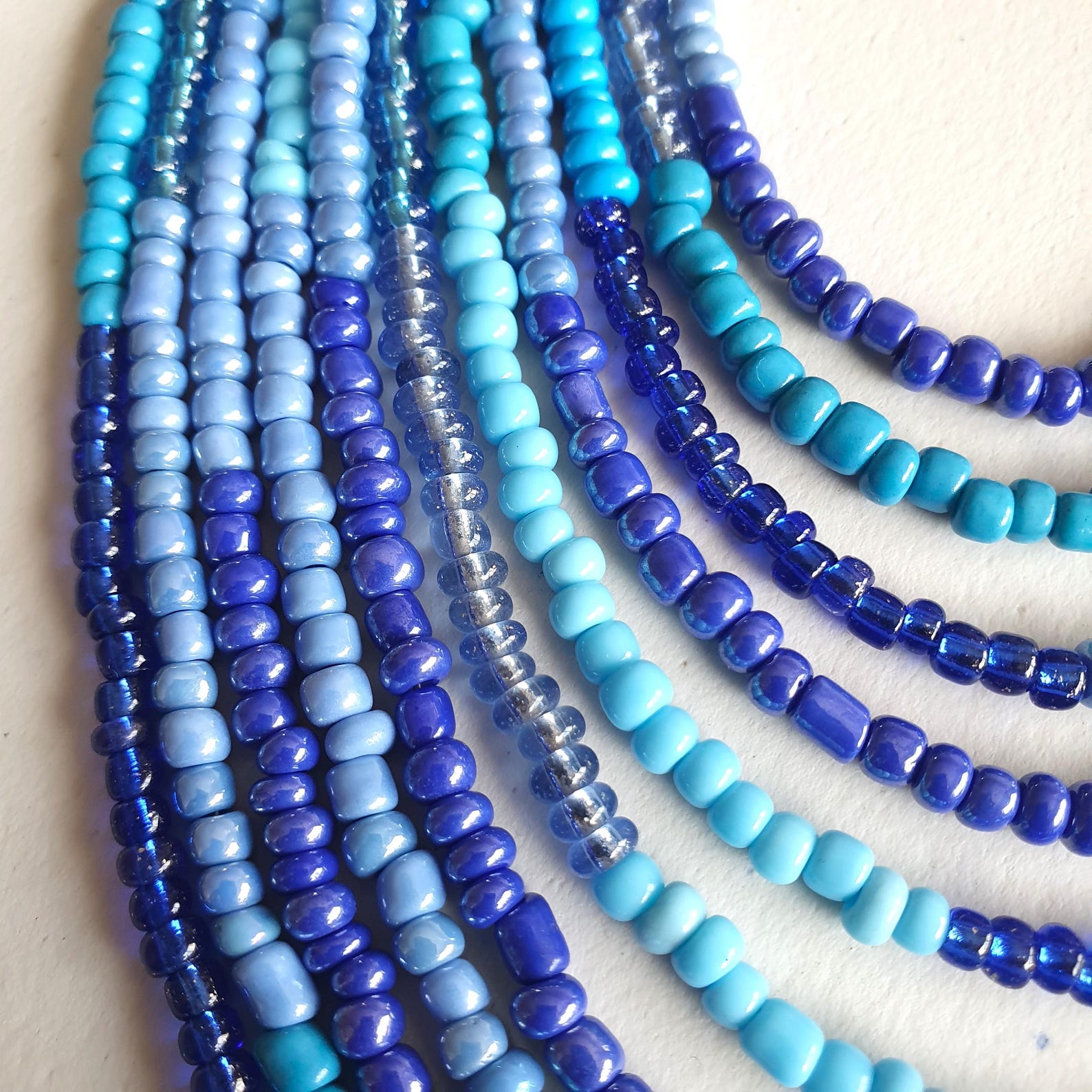 Blue Beaded Multi-strand Necklace, Layered Statement Necklace, Seed ...