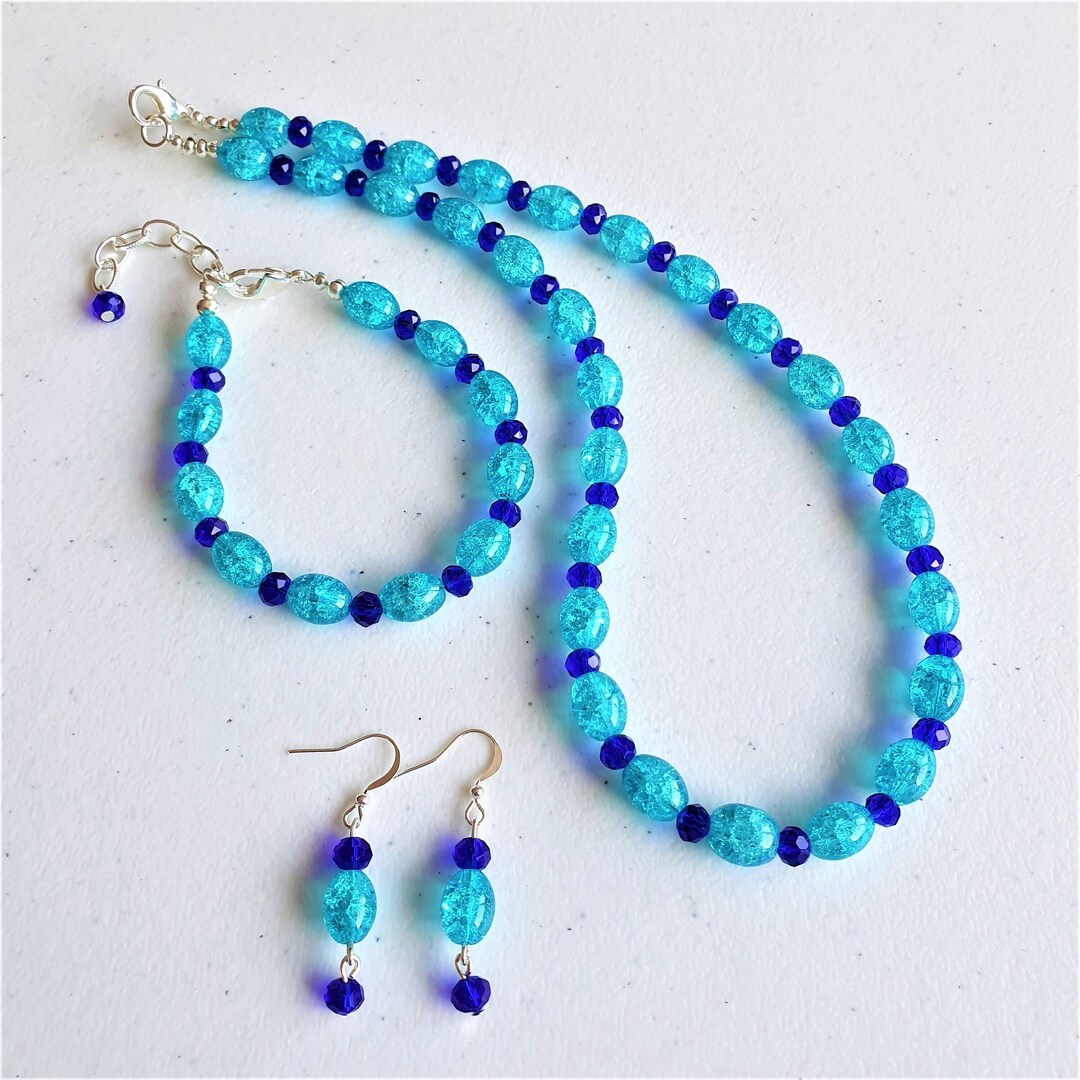Aqua Blue & Royal Blue Necklace Bracelet Earrings Set, Blue ...