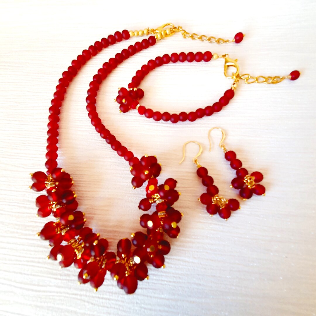 Wine Red Necklace Bracelet Earrings Set, Red Glass Beaded Cluster ...