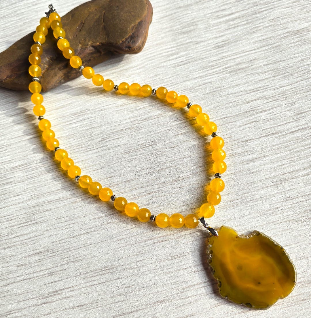Mustard Yellow Agate Necklace & Slice Pendant, Agate Pendant, Natural ...