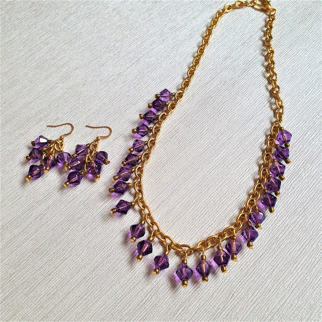 Purple and Golden Jewellery Set, Purple Bead Chain Necklace Earrings ...
