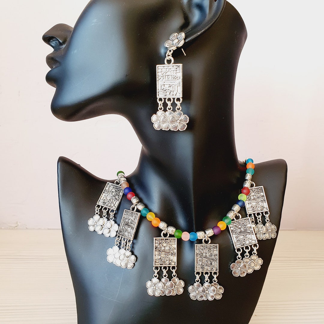 Mayan Rectangular Charm Necklace Earrings Set Boho Charm - Etsy UK