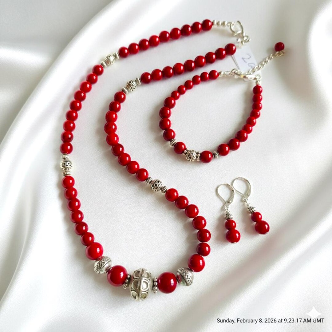 Red Beaded Jewelry Set - Necklace, Bracelet & Earrings With Silver ...
