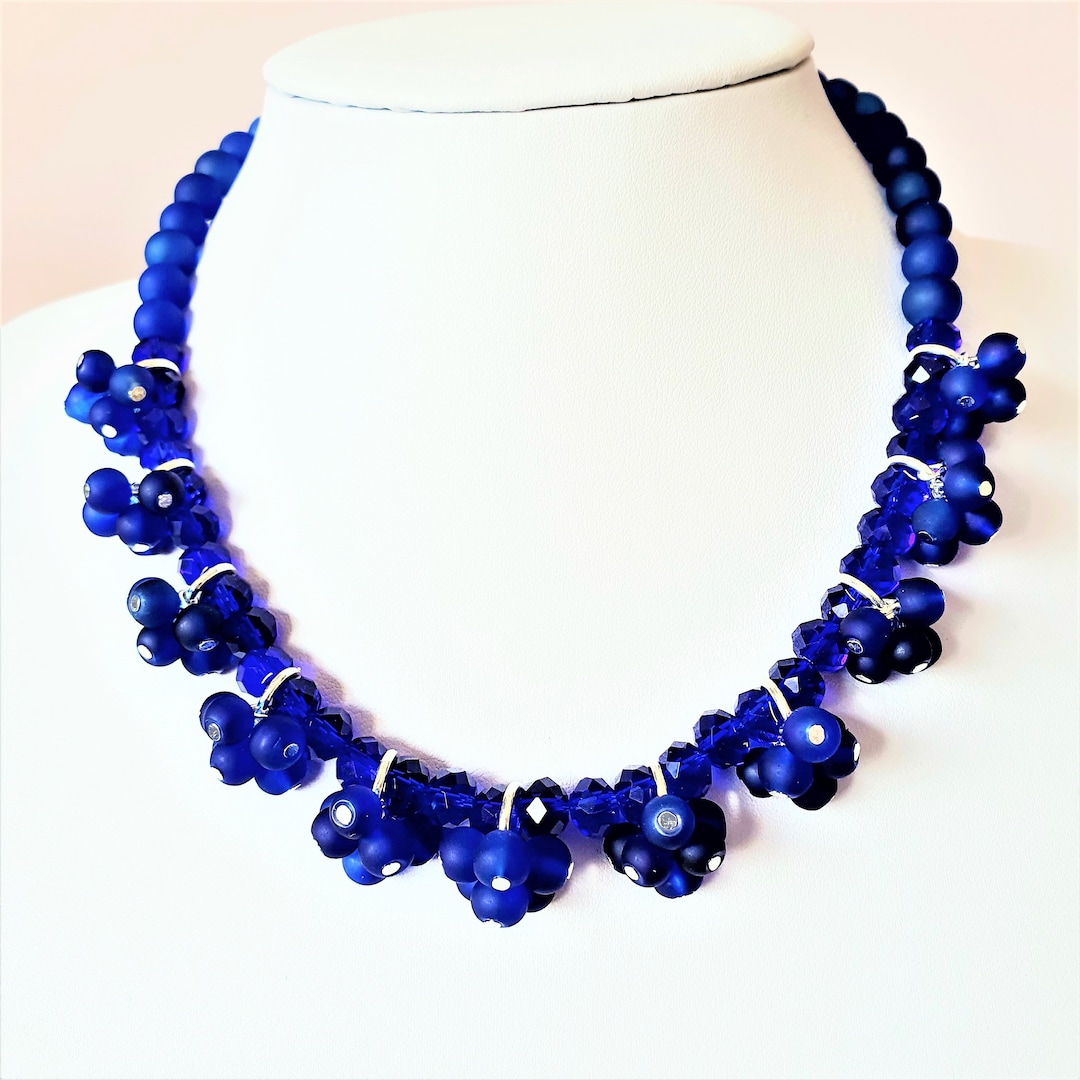 Royal Blue/navy Blue Cluster Necklace Earrings Set, Blue Cluster ...