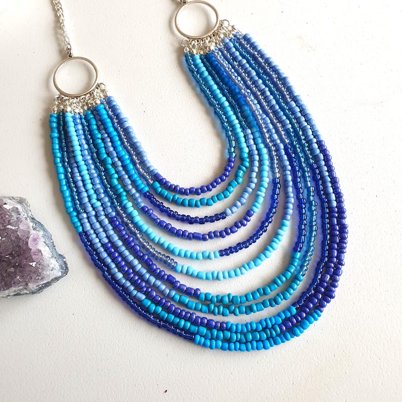 Blue Beaded Multi-strand Necklace, Layered Statement Necklace, Seed ...