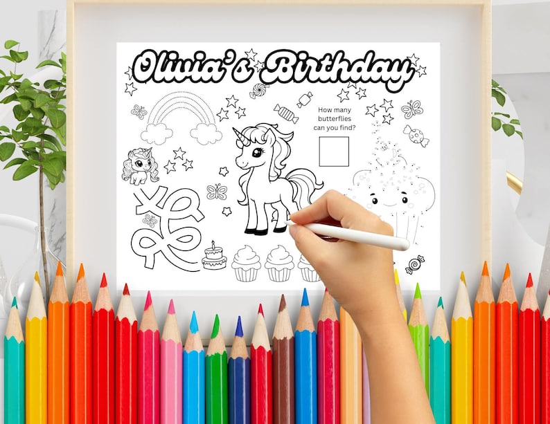 Unicorn Activity Placemat, Birthday Coloring Page, Printable Party Game ...