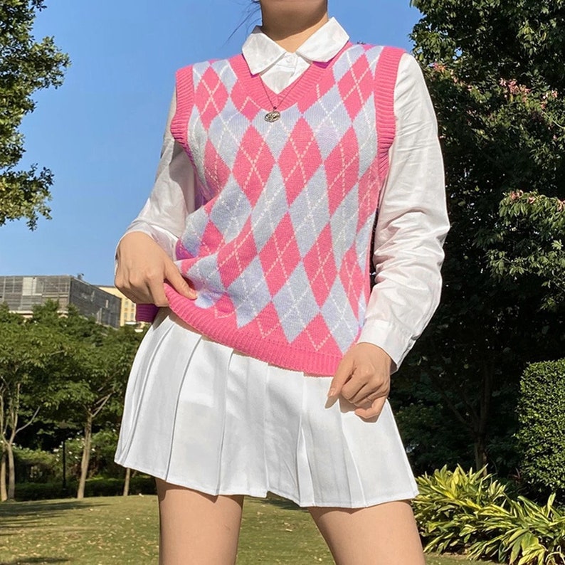 Regina Pink Oversized V Neck Argyle Sweater Vest Y2k Pastel Etsy