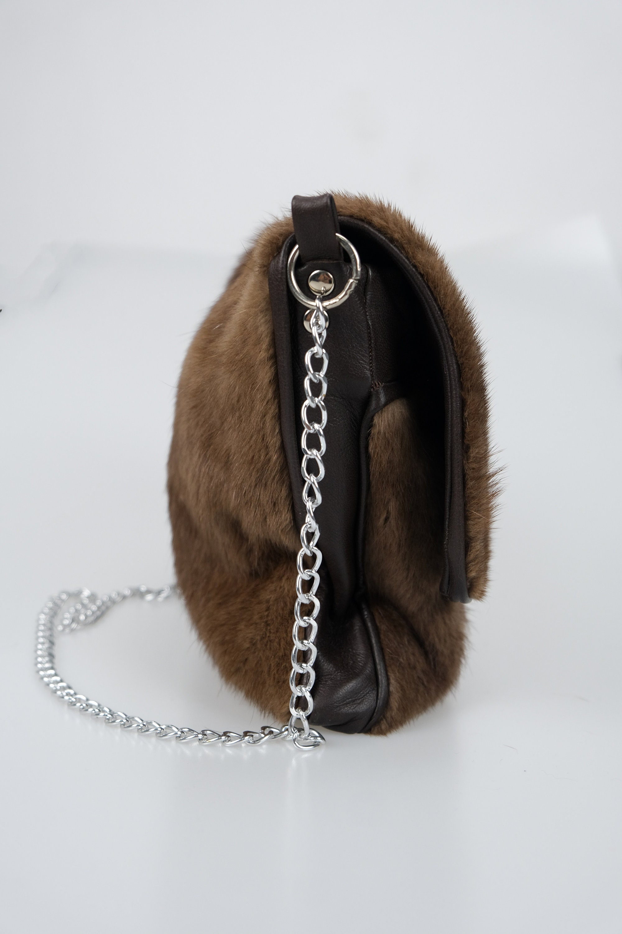 Real Fur Mink Brown Shoulder Bag / Natural Mink Fur / Natural Leather ...