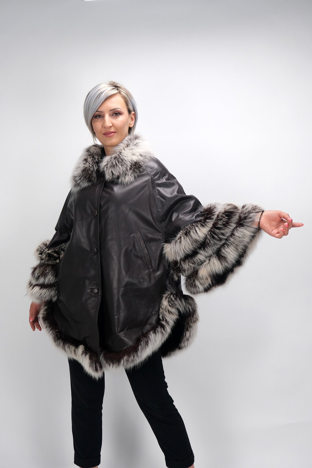 Real Leather Black Half Coat Trimmed Section Fox / Natural Leather ...