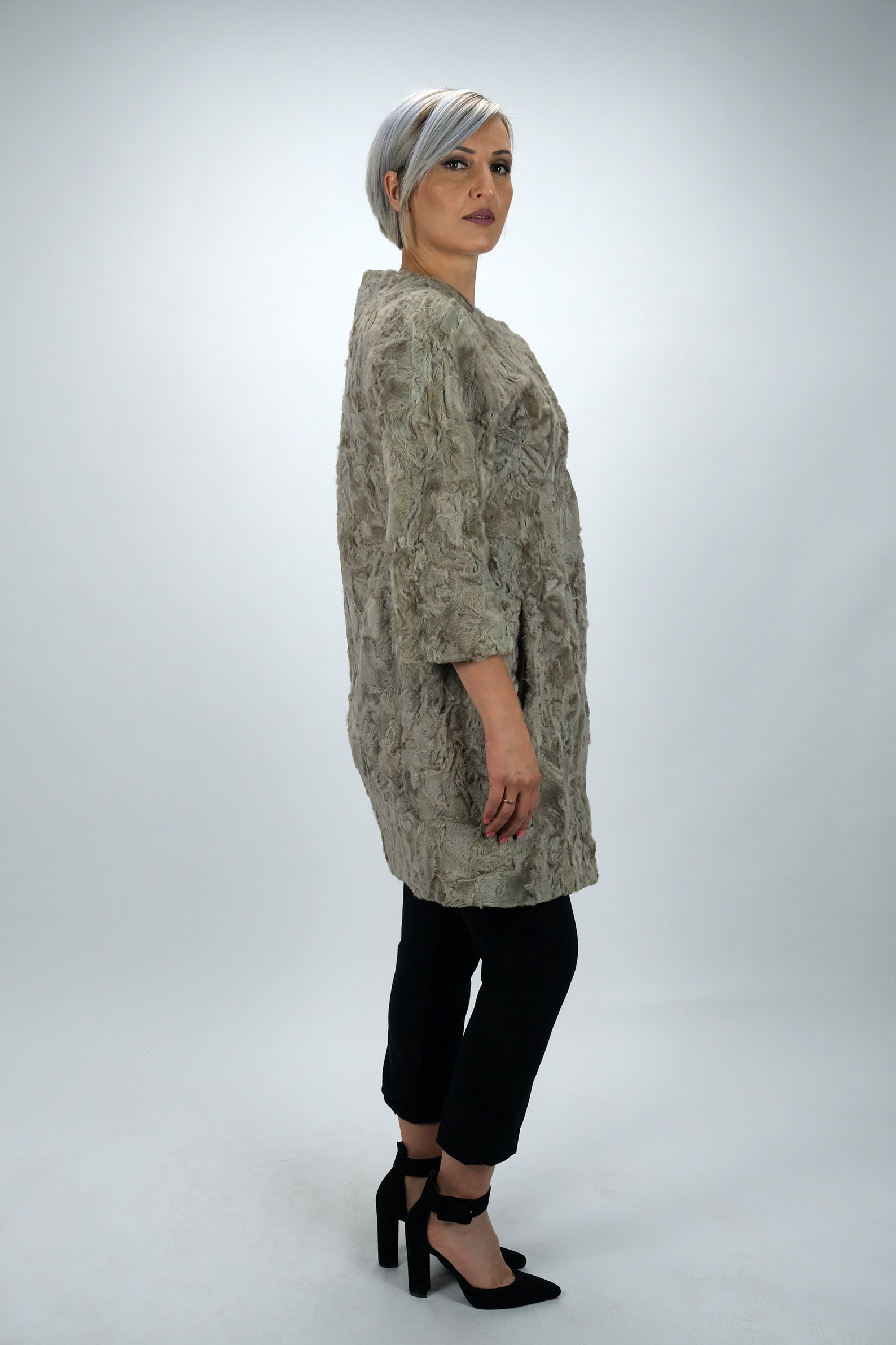 Real Fur Astrakhan Grey Sections Collarless Half Coat / Natural ...