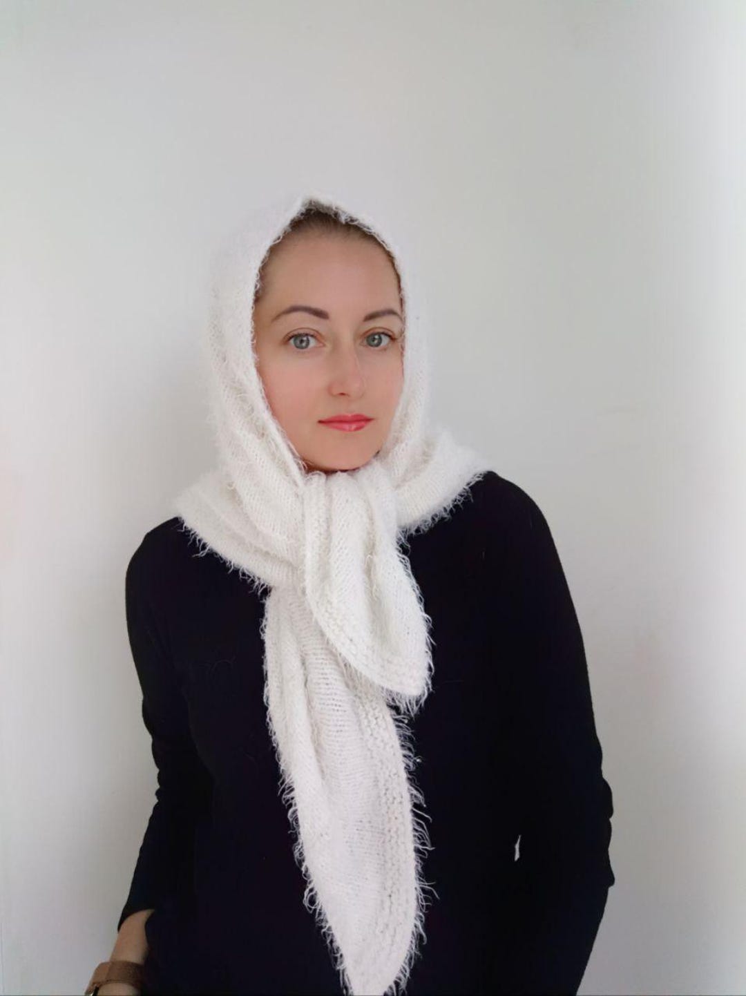 Handmade Angora Scarf – White Triangle Headscarf, Knitted Shawl, Soft ...