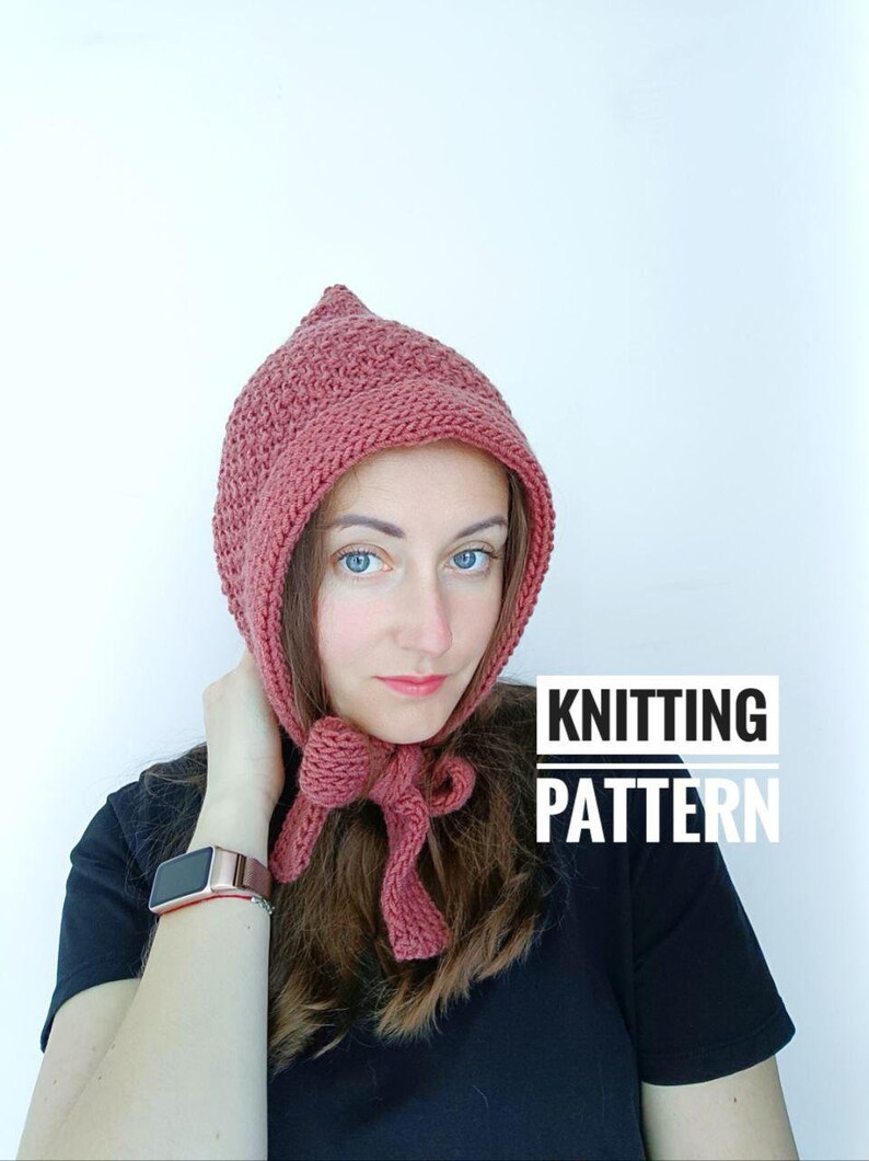 PDF Knit Pattern for Adult Pixie Hood – Women's Bonnet Hat With Ties ...